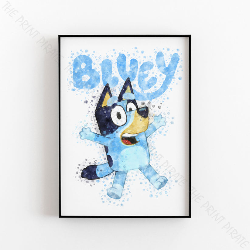 Bluey 'JUMPING BLUEY' character Watercolour Splash Wall Art Print – The ...